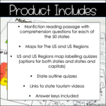 US 50 States Reading Comprehension Passages Regions Maps