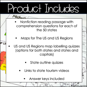 US 50 States Reading Comprehension Passages Regions Maps