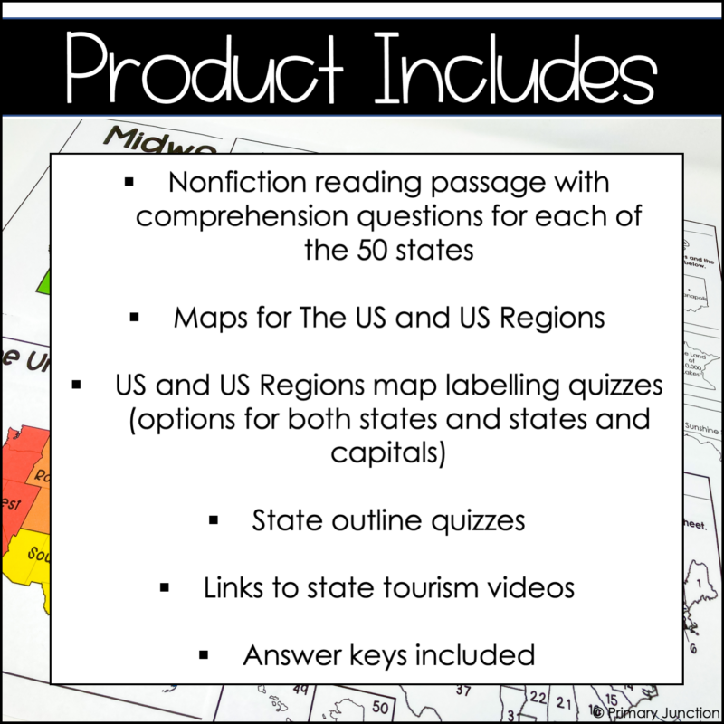 US 50 States Reading Comprehension Passages Regions Maps