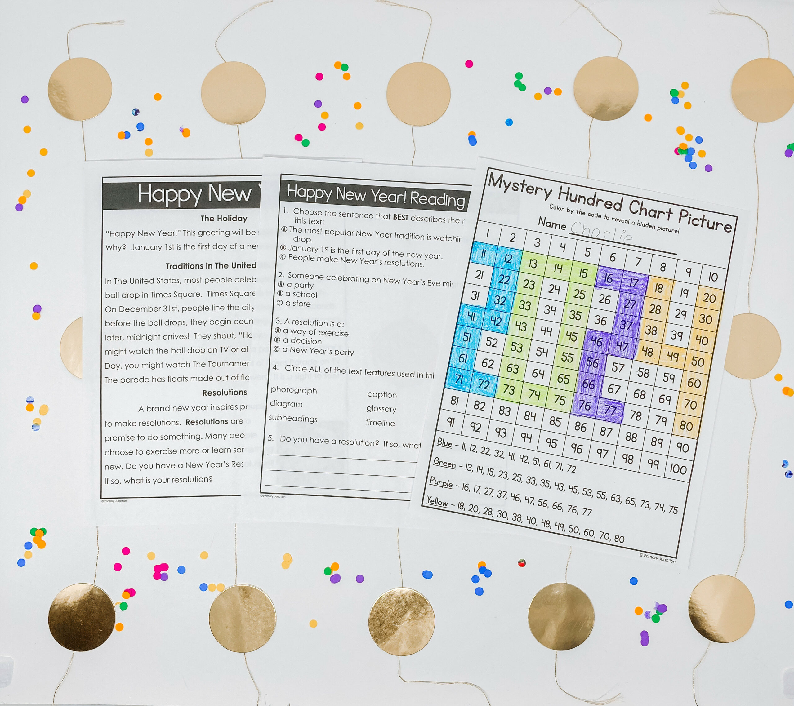 Free New Year Activities Including Reading Passage and Math